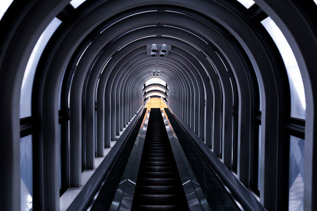 Low angle view of covered escalator in | ID: 94679722