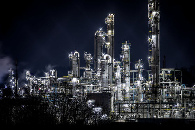 Illuminated industry against sky at night | ID: 143480322