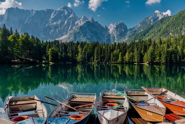 Panoramic view of boats moored in lake | ID: 135036753
