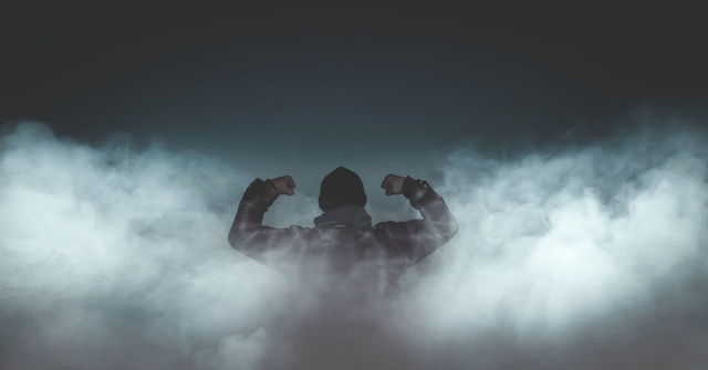 High angle view of man in fog against sky | ID: 155211146