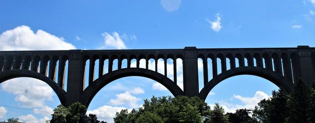Low angle view of arch bridge against blue | ID: 162909793