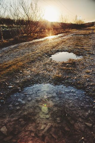 Countryside landscape with puddles at sunset | ID: 32922570