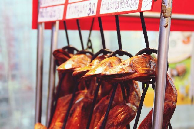 Close-up of roasted ducks for sale in shop | ID: 81603713