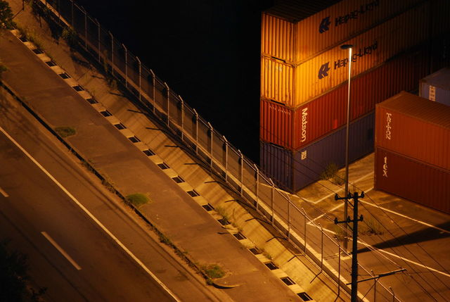 Aerial view of containers by a highway at | ID: 85770352