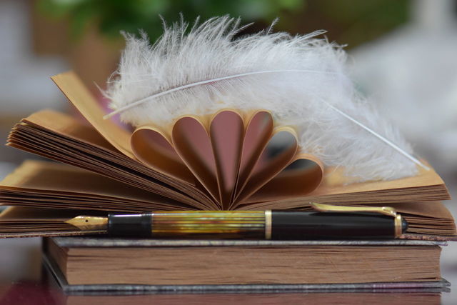 Close-up of feather and books with fountain | ID: 100807427
