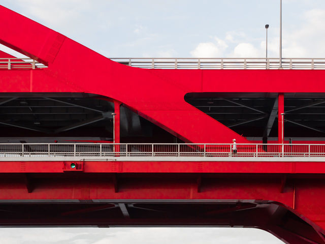 Low angle view of red bridge against sky | ID: 126123223