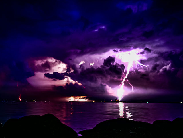 Scenic view of lightning over sea | ID: 108128073