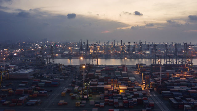 Aerial view of commercial dock during sunset | ID: 126798423
