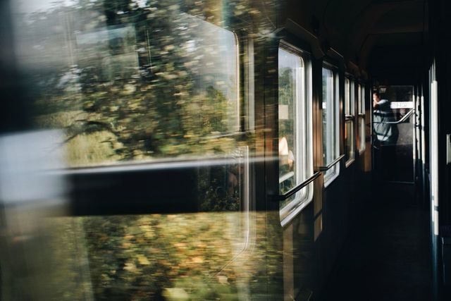 Reflection of trees on train glass window | ID: 128074686