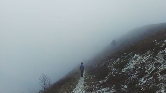 Rear view of man standing on fog covered | ID: 47139132