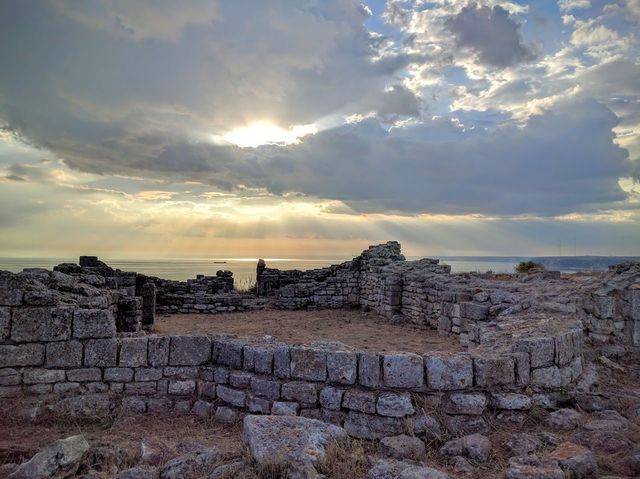 Old ruins by sea against cloudy sky | ID: 97050089