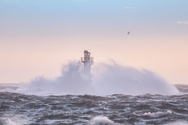 Lighthouse by sea against sky during sunset | ID: 209195857