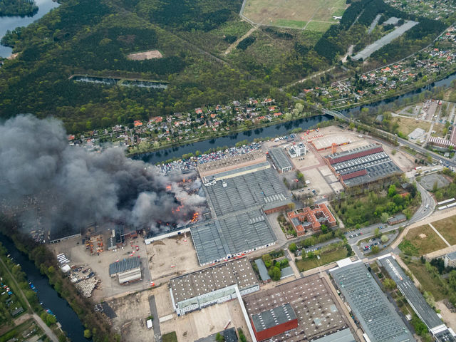 Aerial view of burning building | ID: 100172458