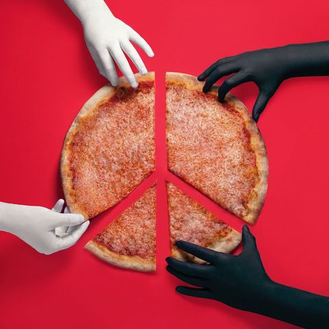 Close-up of hands and pizza in peace symbol | ID: 97747652